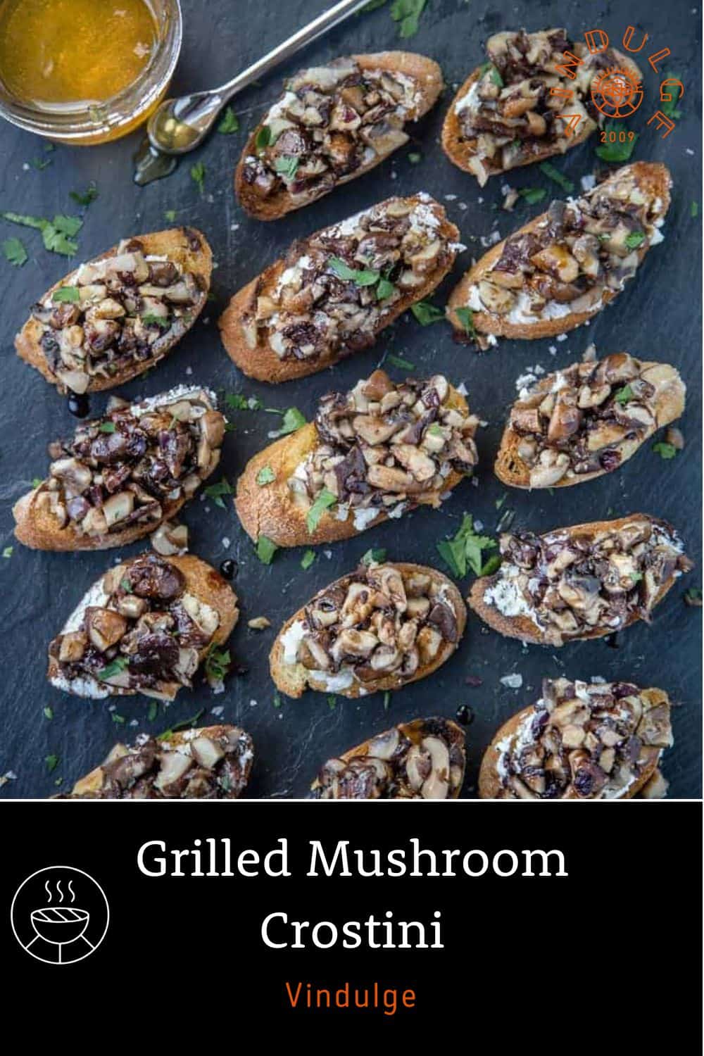 Grilled Mushroom Crostini with Smoked Honey and Aged Balsamic