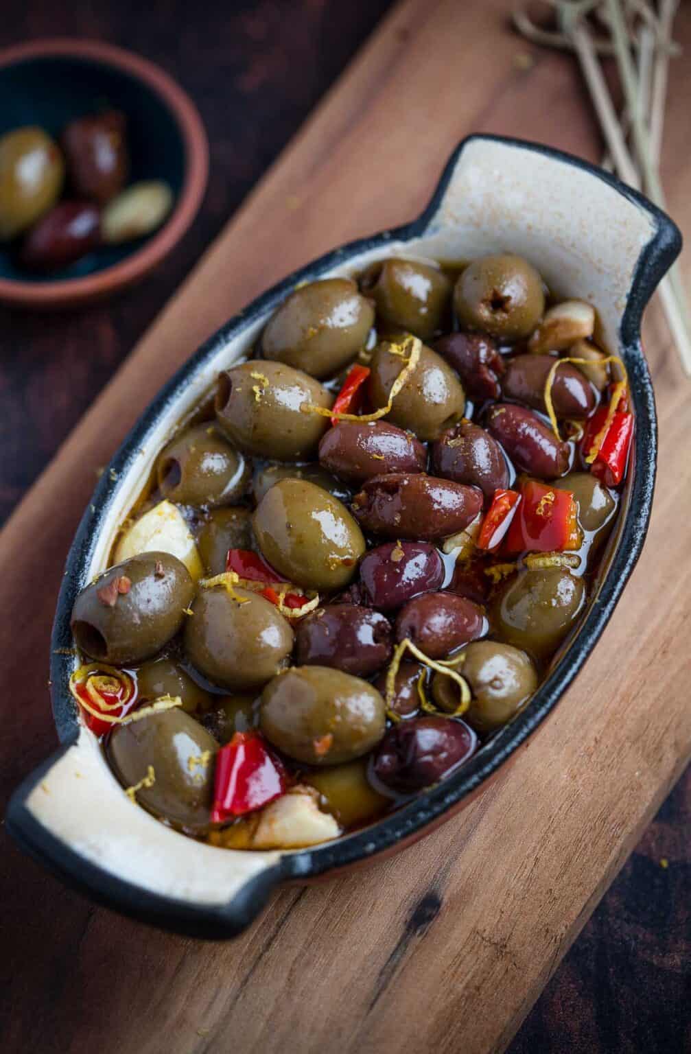 Grilled Olives with Garlic and Peppers (Baked Olives) - Vindulge