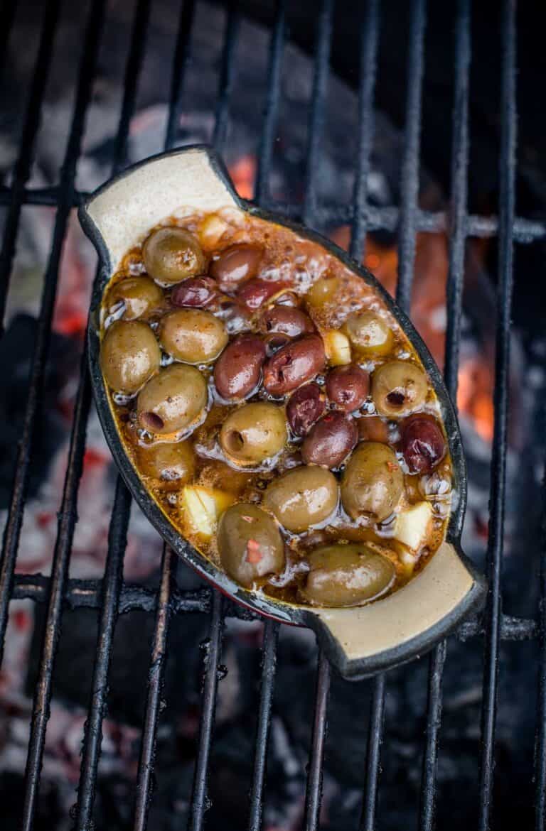 Grilled Olives with Garlic and Peppers (Baked Olives) - Vindulge