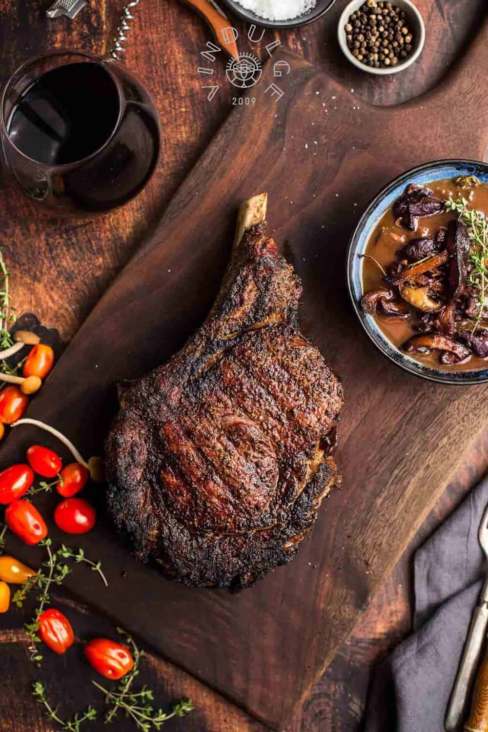 Grilled Cowboy Ribeye Steak With Red Wine and Mushroom Sauce - Vindulge